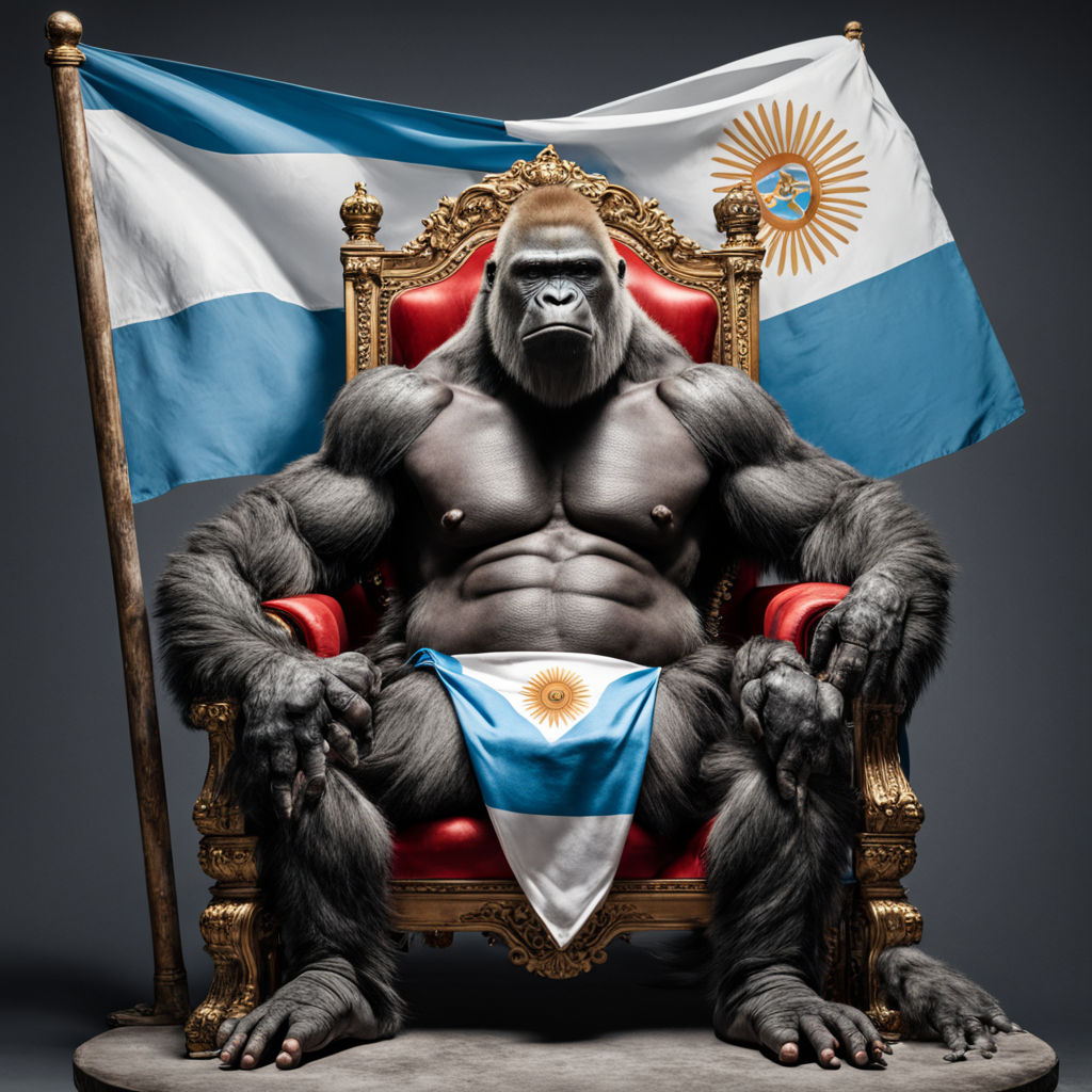 A muscular gorilla mixed with lizard sitting on a throne wit... by ...