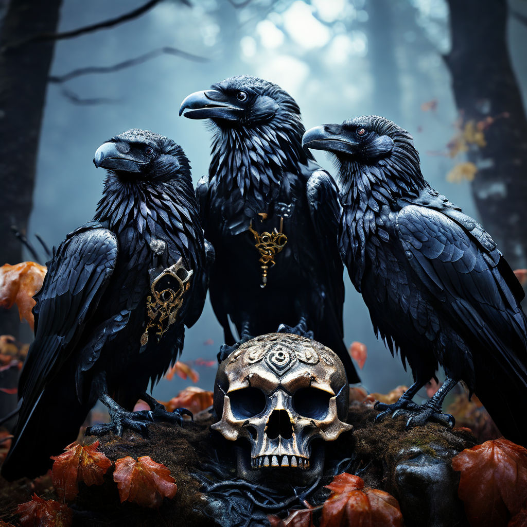 The mystical three-headed raven stands on a skull and scream... by ...