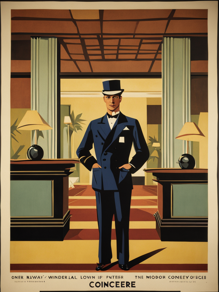 A 1930s streamline modern poster depicting a concierge in li... by Arthur Fridman - Playground