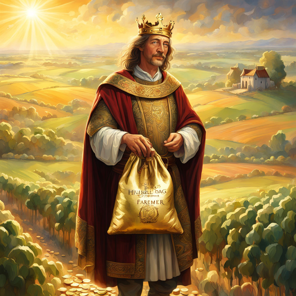 King in resplendent royal garb presenting golden bag overflo... by ...