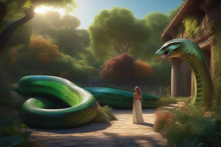 Realistic cinematic image of the huge serpent talking to eve... by ...