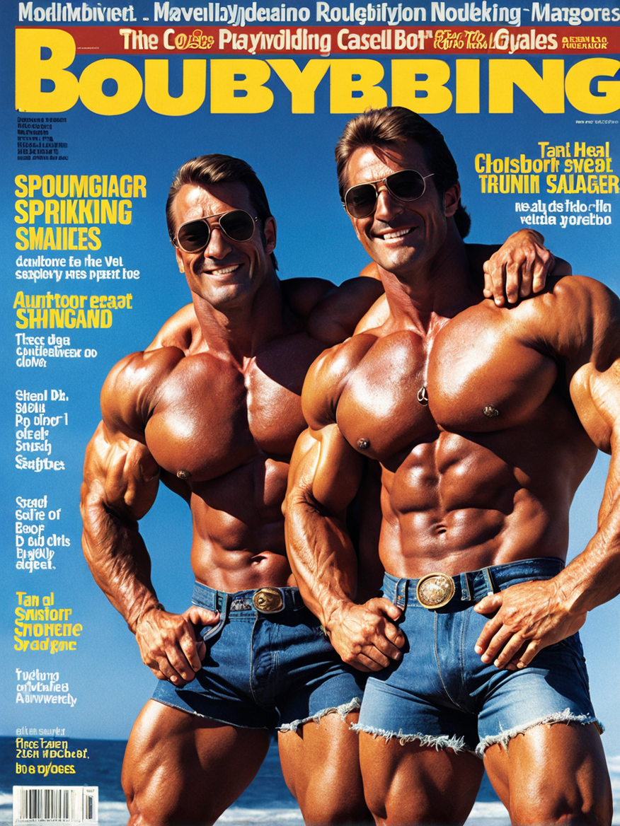 1970s-style bodybuilding magazine cover featuring 2 mature m... by Rex ...