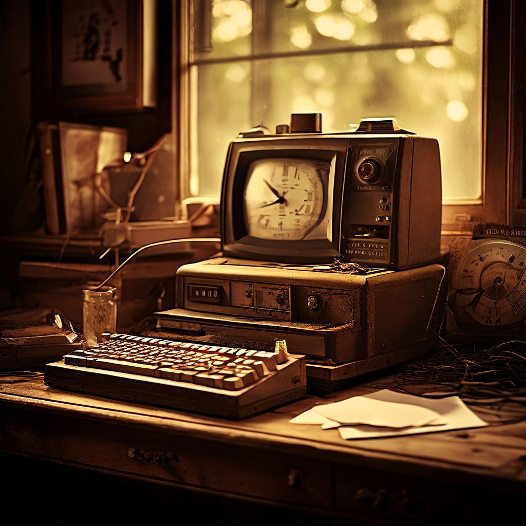 Vintage computer on a cluttered wooden desk by Zephyr - Playground