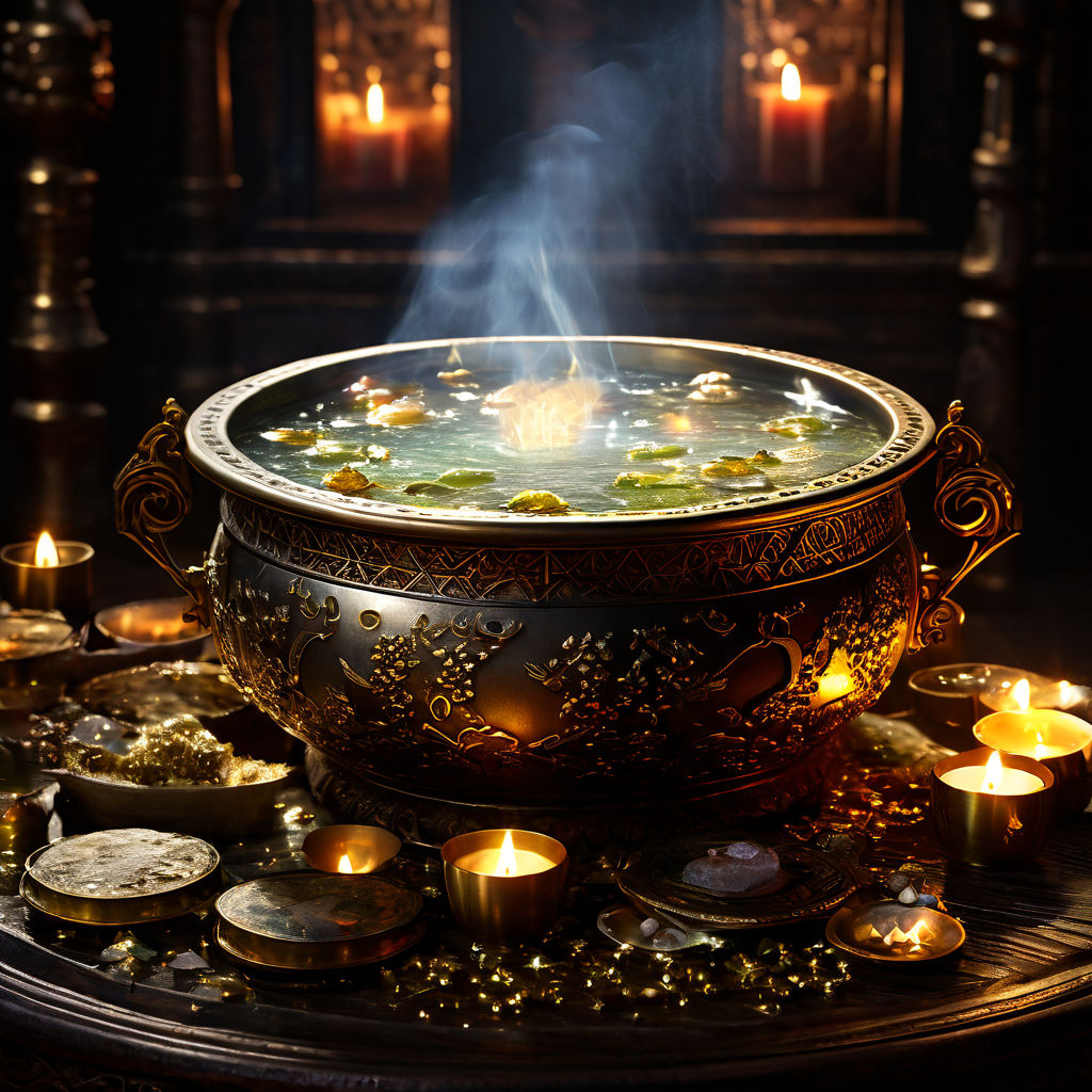 The visual representation features a metal cauldron position... by ... The visual representation features a metal cauldron position... by ...