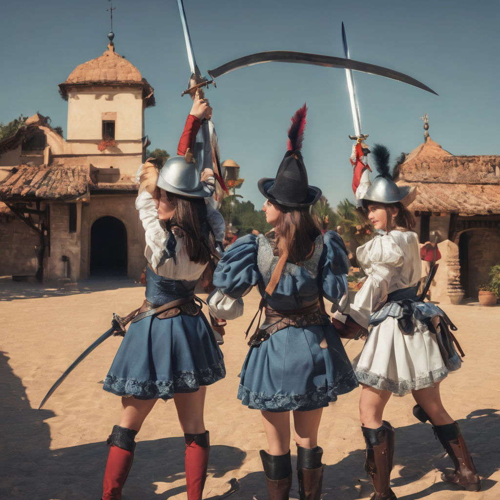 Three musketeer girls raising their swords in the air and to... by ...