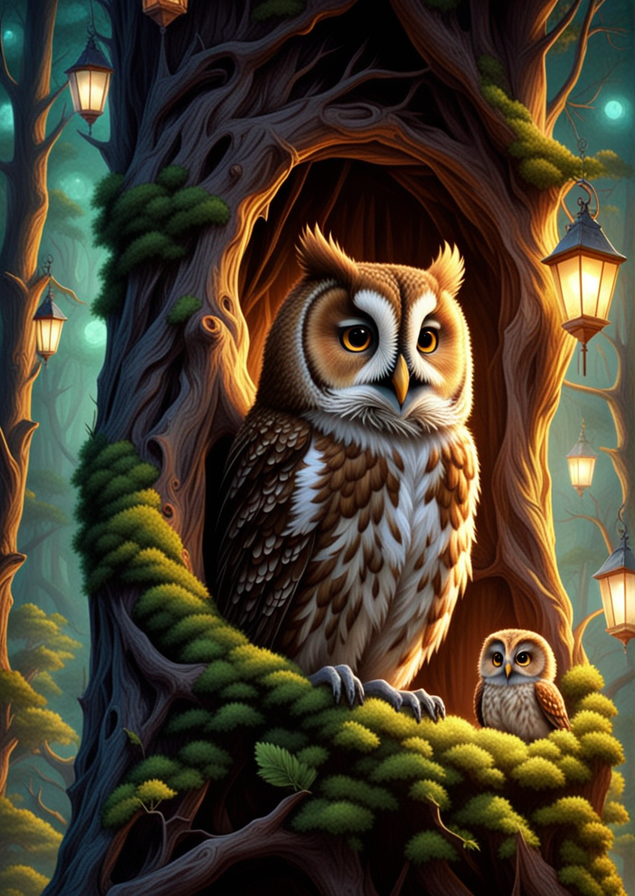 A realistic tawny owl singing in a tree nest by John Brody - Playground