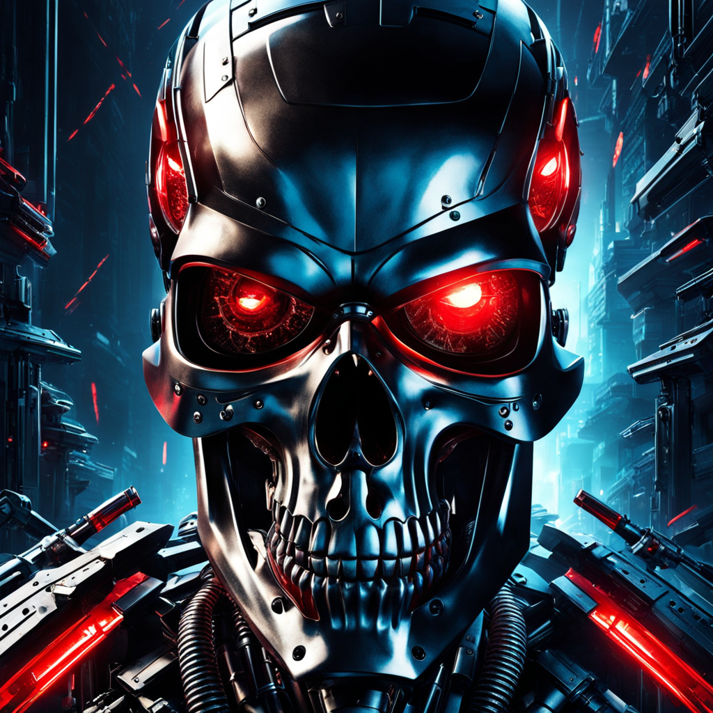 Terminator skull with red eyes glowing by Anthony Domenech - Playground