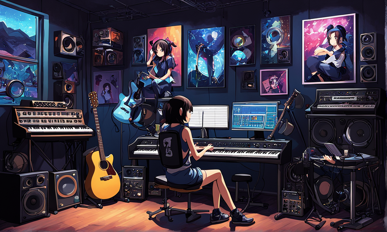 Anime art style depicting a girl sitting on a chair in a mus... by 이선복 ...