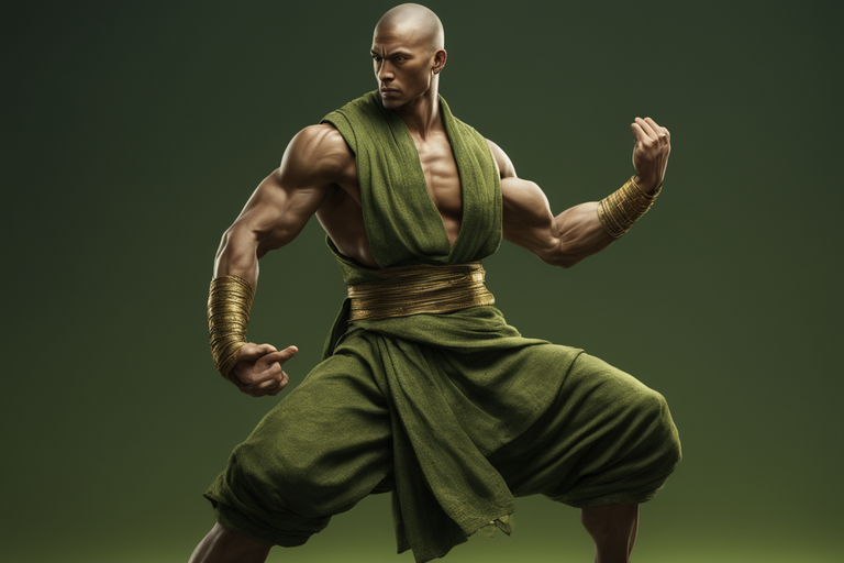 Young human male monk in sleeveless green and gold draped li... by ...