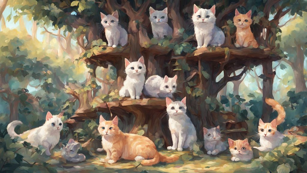 Cartoon style scene depicting seven cats with random colors ... by Nina ...