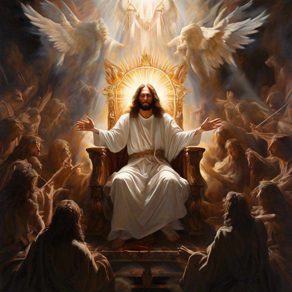 Jesus on the throne at the right hand of God surrounded by a... by ...