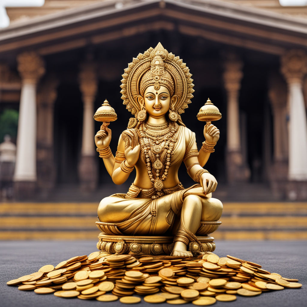 Lord laxmi gold pot full of gold coin in front of building a... by ...