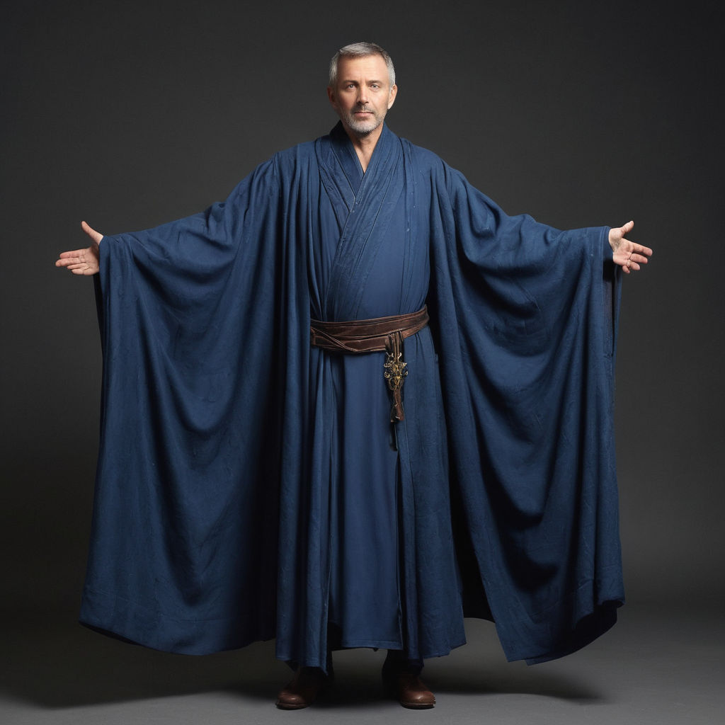From the front and back He designed a long fantasy robe for ... by ...