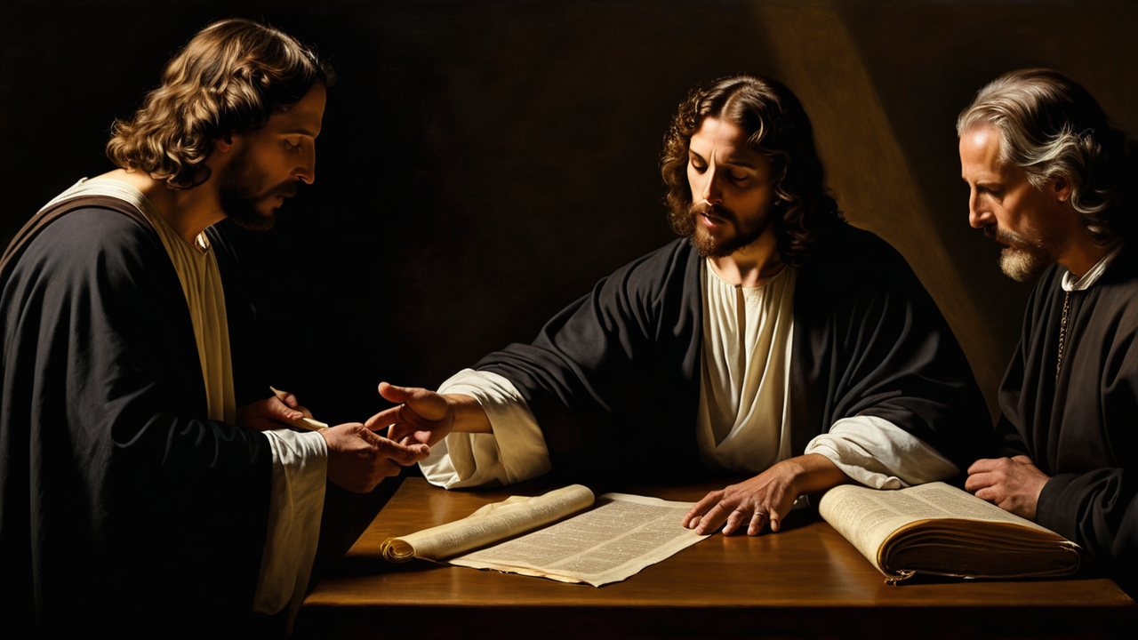 Jesus Christ gesturing towards an open scroll while expoundi... by JB ...