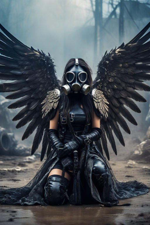 A female kneeling angel with gas mask and big wings by Peter - Oxi ...