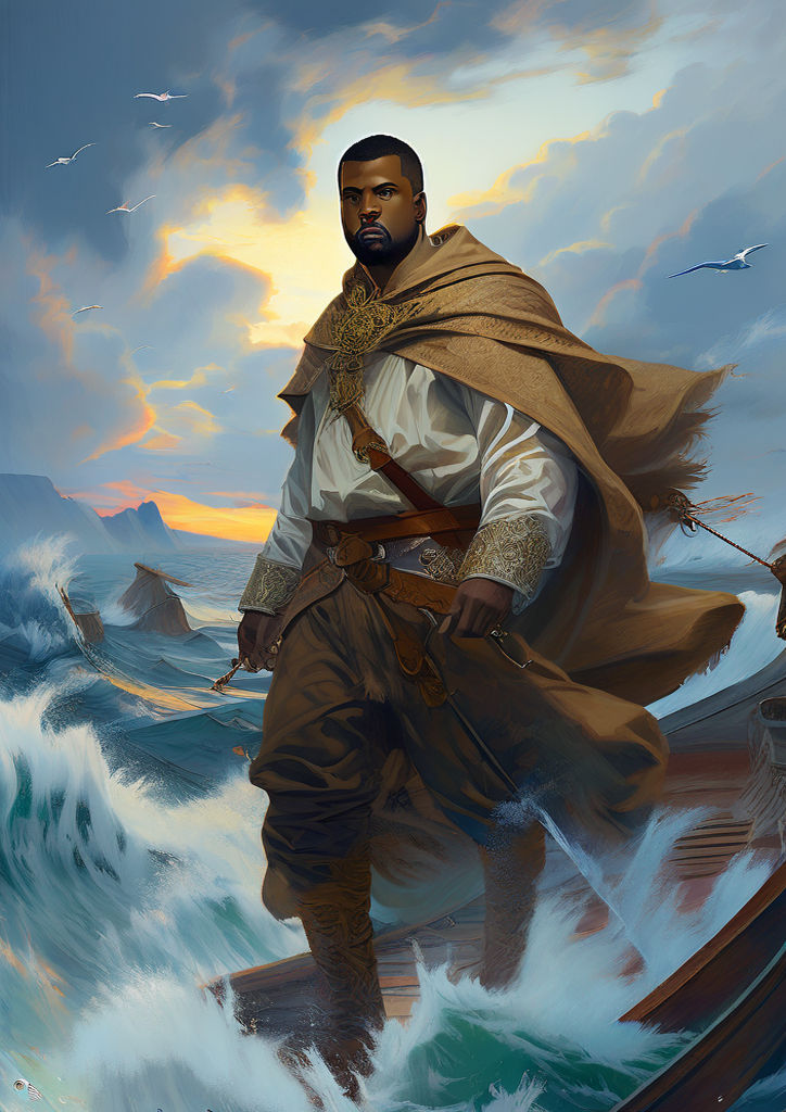 Kanye West embodying a medieval sailor garbed in brown cape by Fathan A ...