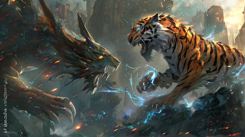 A cosmic battle between elemental beasts: a fierce Ancient D... by Jom ...