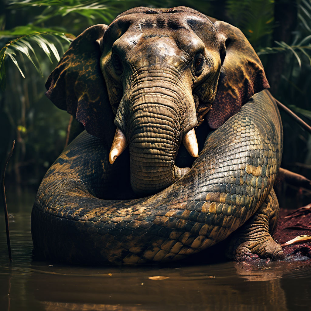 A huge anaconda draped over the body of an elephant by The Earth Moon ...