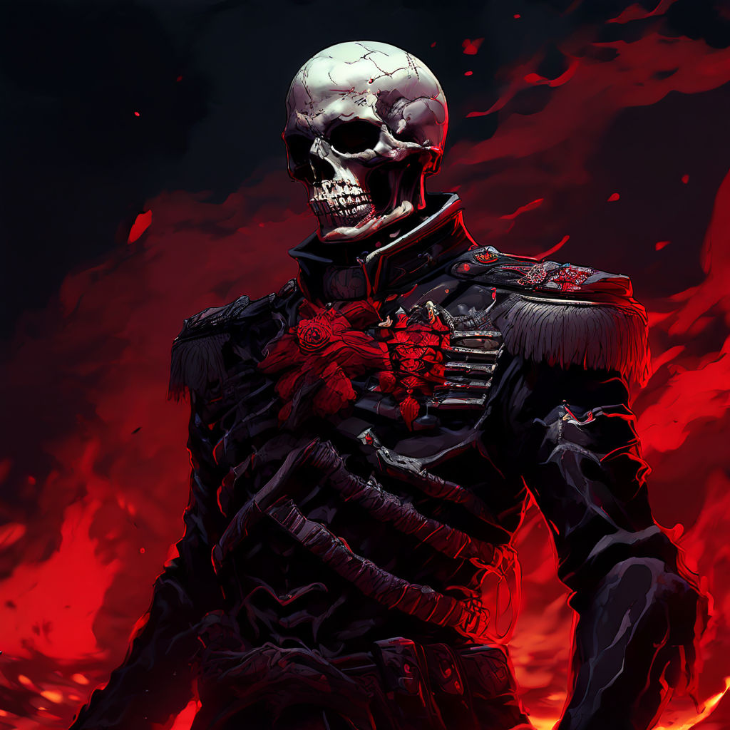 Skeleton general in a black general uniform with a red tie. ... by ...