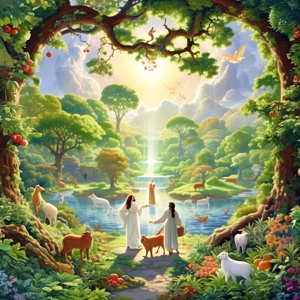 Illustration of the Garden of Eden with Adam and Eve in perf... by ...