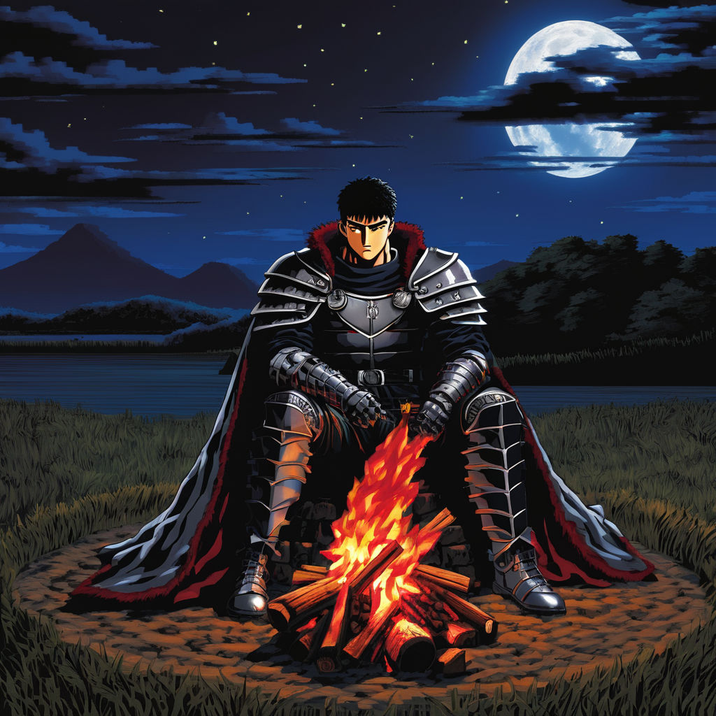 Guts from berserk sitting next to a bonfire at night time by something ...