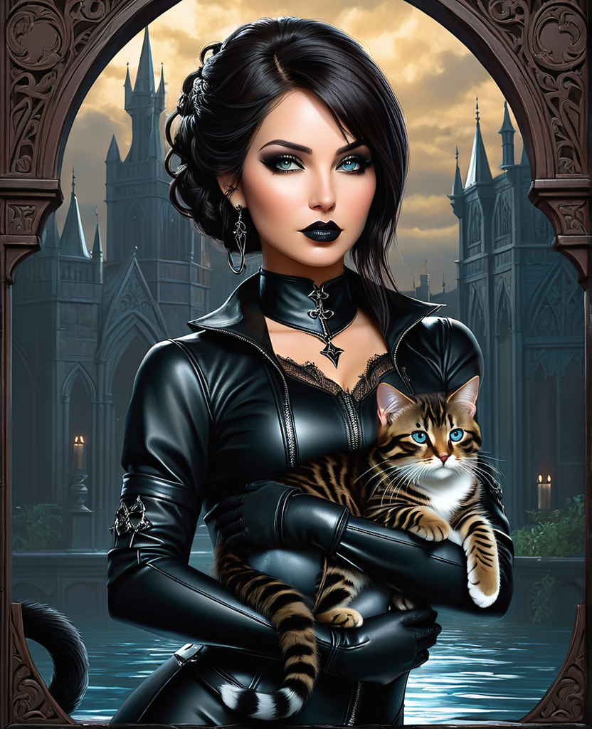 Brunette gothic goddess clad in leather attire cradles a fel... by ...