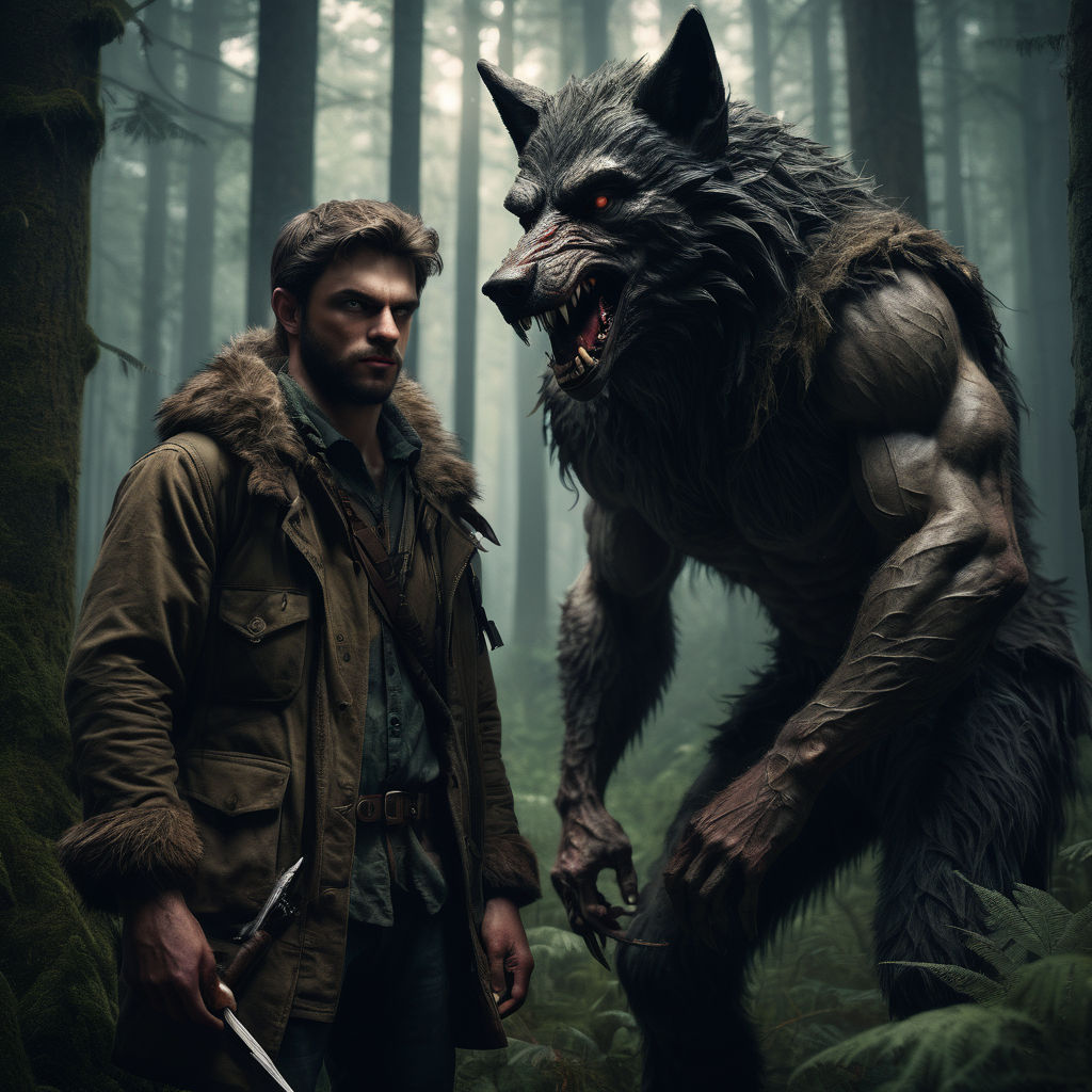 Cinematic portrait of a hunter and a werewolf in a large FOR... by ...