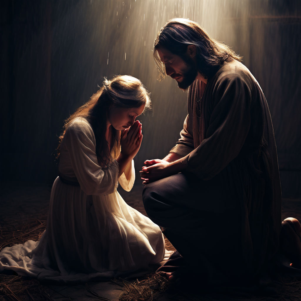 A woman praying on her knees crying Jesus standing behind he... by ...