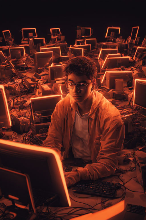 Animated portrayal of a computer student surrounded by PCs by merce Lo ...