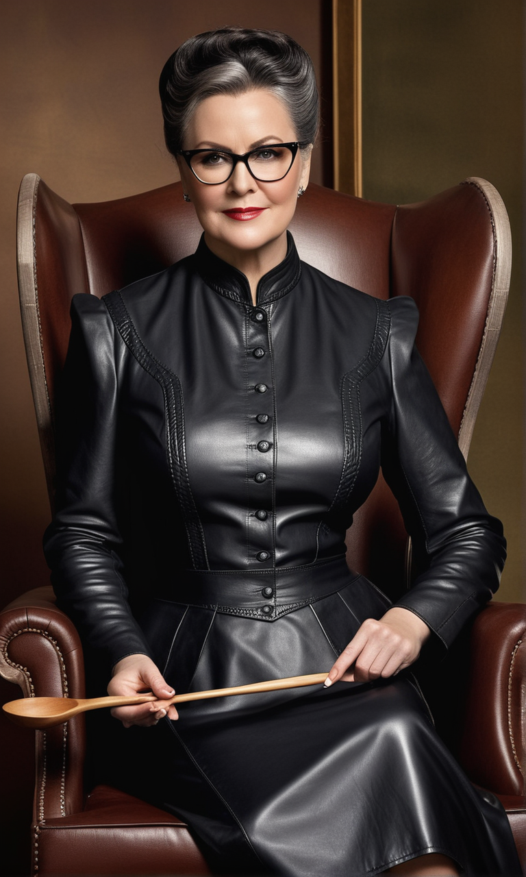 Governess in desinger leather dress and glasses by Christian Rieger ...