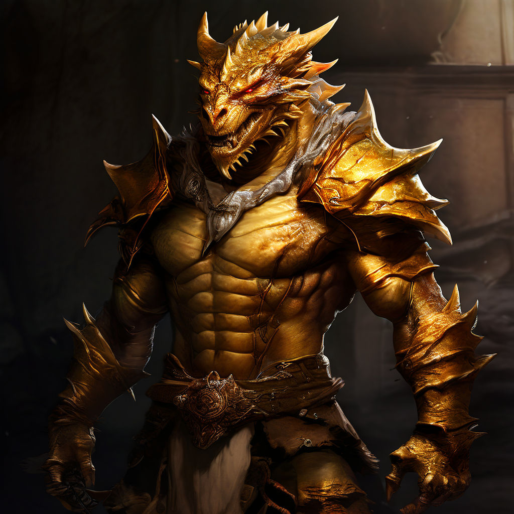 A shirtless gold dragonborn barbarian by Kai Smith - Playground