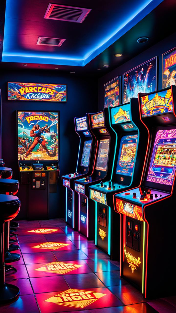 Retro arcade hall boasts rows of classic arcade cabinets bat... by ...