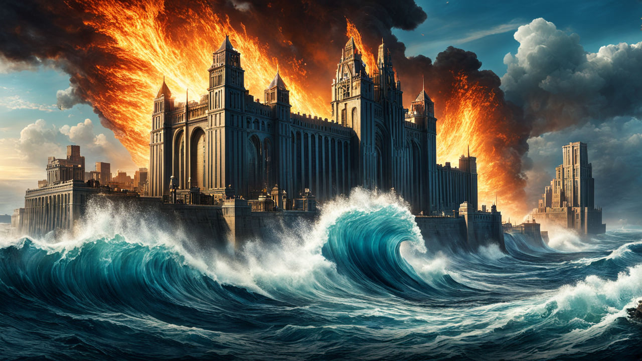 A dramatic illustration of Atlantis sinking into the ocean w... by ...