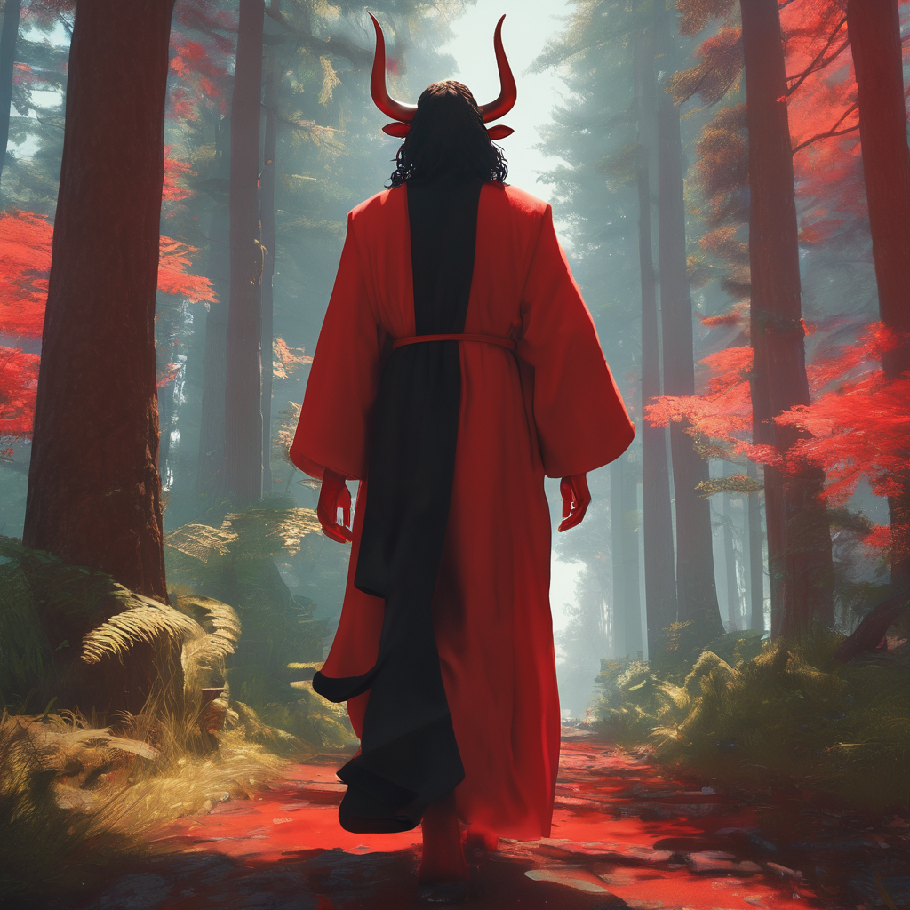 The red devil with long horns wears a black suit and follows... by bo ...
