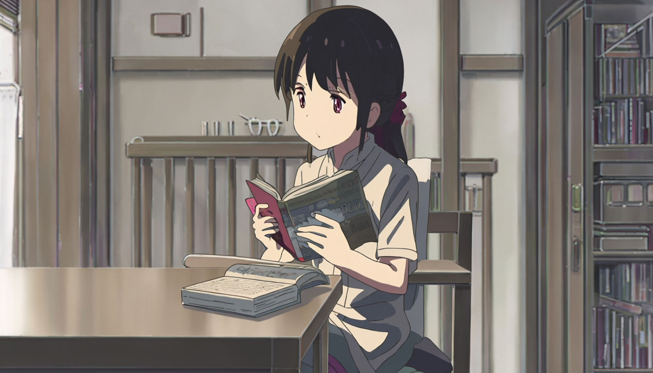 Japanese female anime character sitting reading a book on a ... by ...