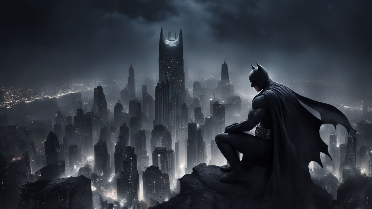 Batman crouched menacingly on the edge of a Gotham City skys... by ...