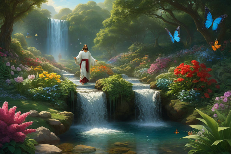 Jesus Christ walking in a garden abundant with vibrant flowe... by ...