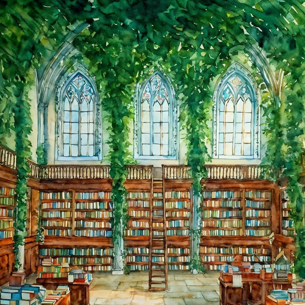 Watercolor painting of an ancient library by Mark Bobby - Playground