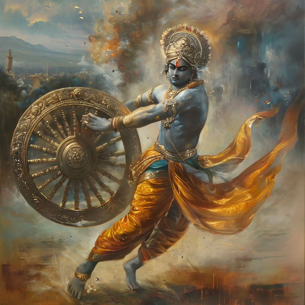 Lord Krishna lifting a chariot wheel with forceful intensity by wonder ...