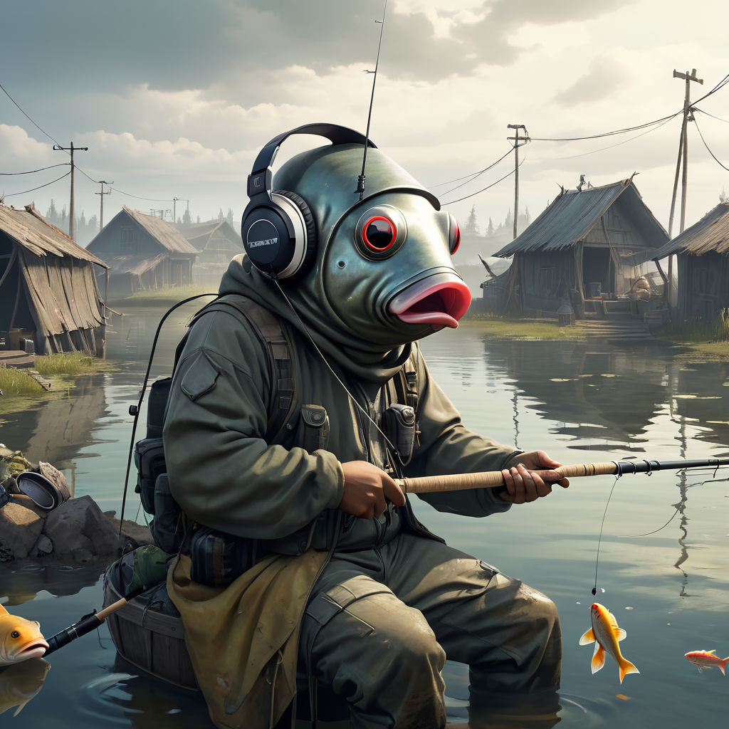 A fisherman in the blob-fish mask with headphones on his hea... by ...