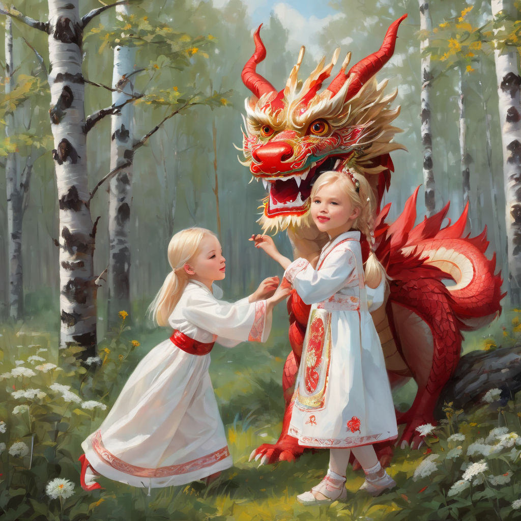 A blonde girl plays with a red Chinese dragon in the norther... by ...