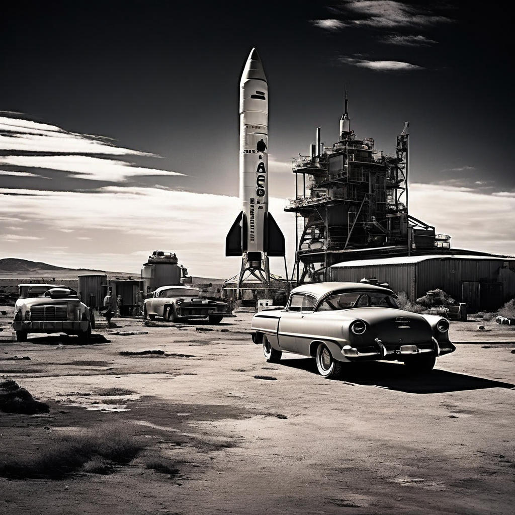 1950s launch pad of NASA with a retro rocket poised for laun... by C M ...