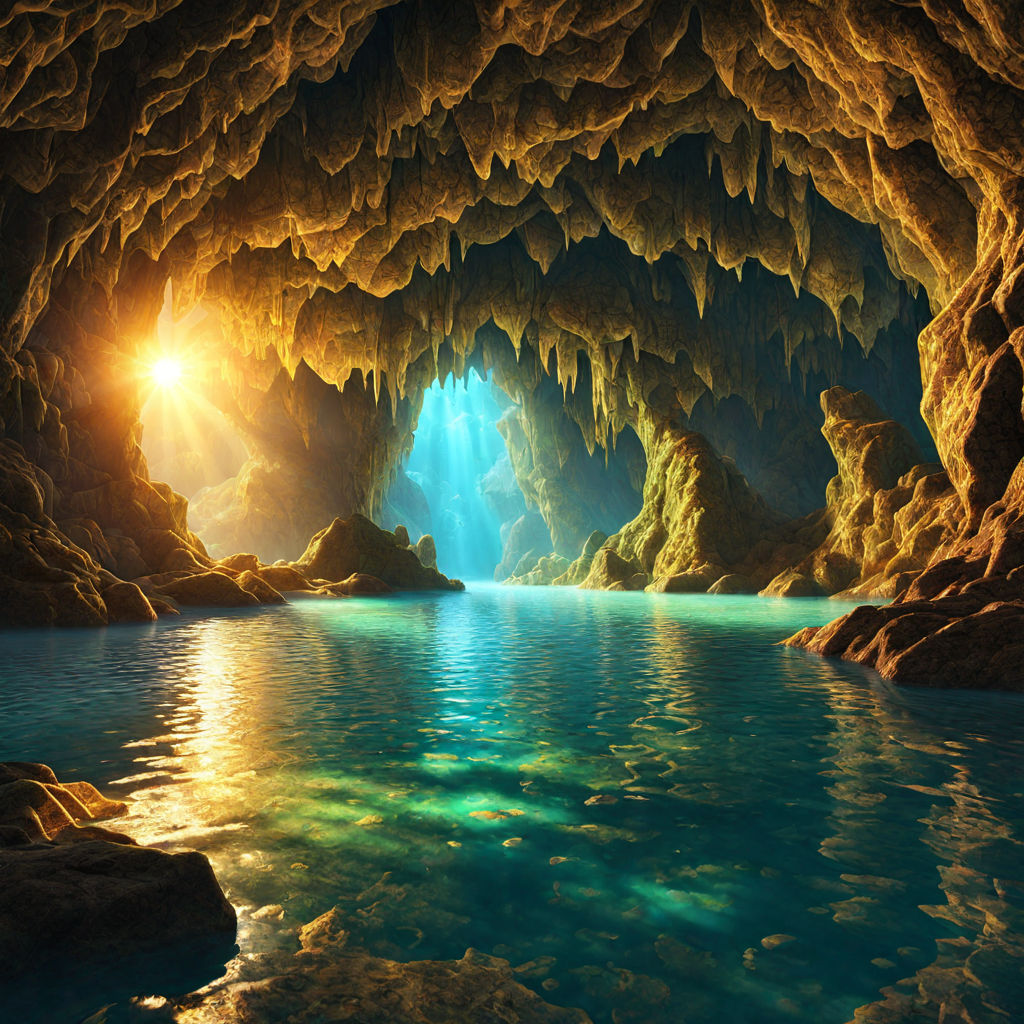 A stunning 3D render illustration of a subterranean cave wit... by ...