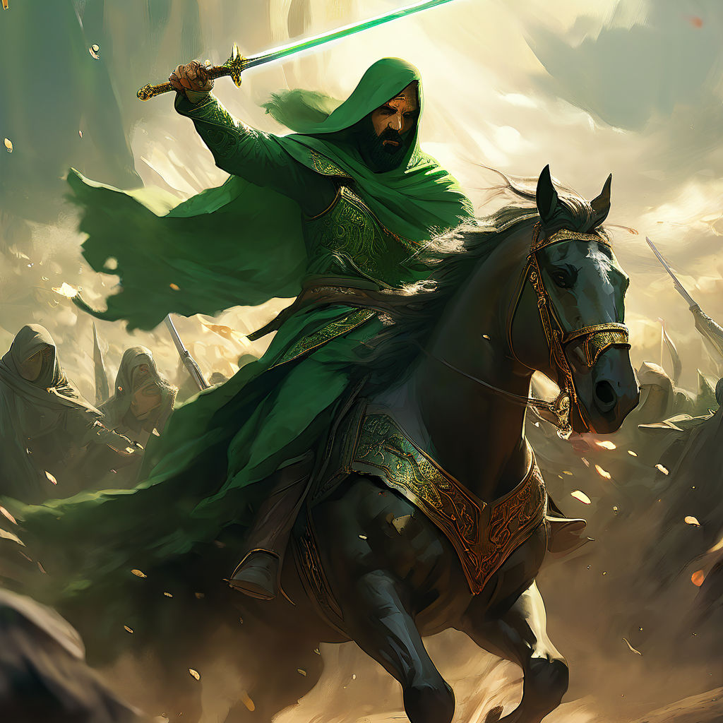 Digital painting depicting Imam Ali in green attire engaged ... by ...