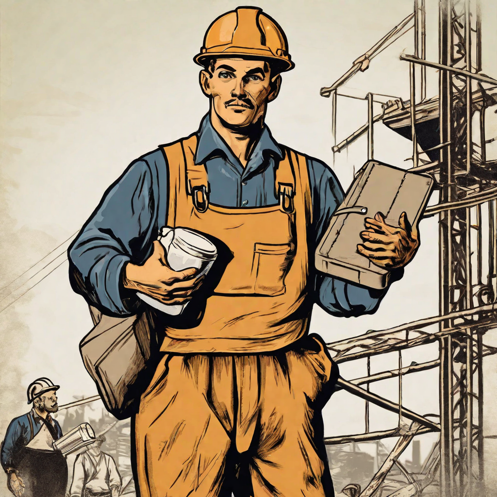 1900s construction worker. standing holding lunchbox. illust... by ...