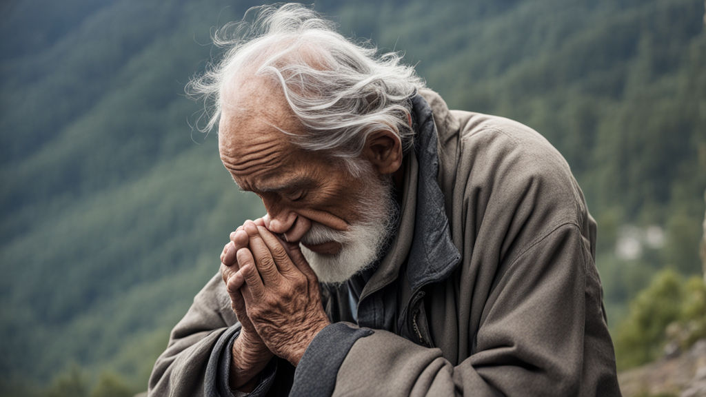 Homeless old man praying in a mountain with hand together by Paul Faye ...
