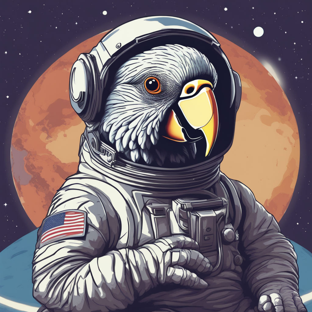 Generate an image of a parrot wearing an astronaut suit sitt... by ...