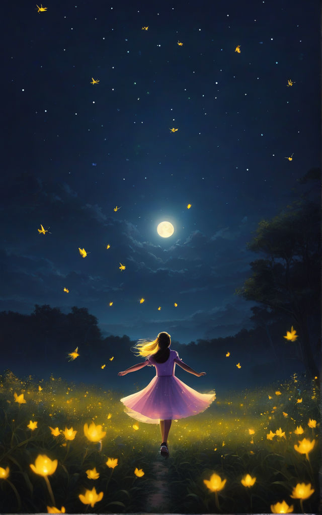 A girl dancing under moonlight with fireflies around her by Mujtaba Shah - Playground