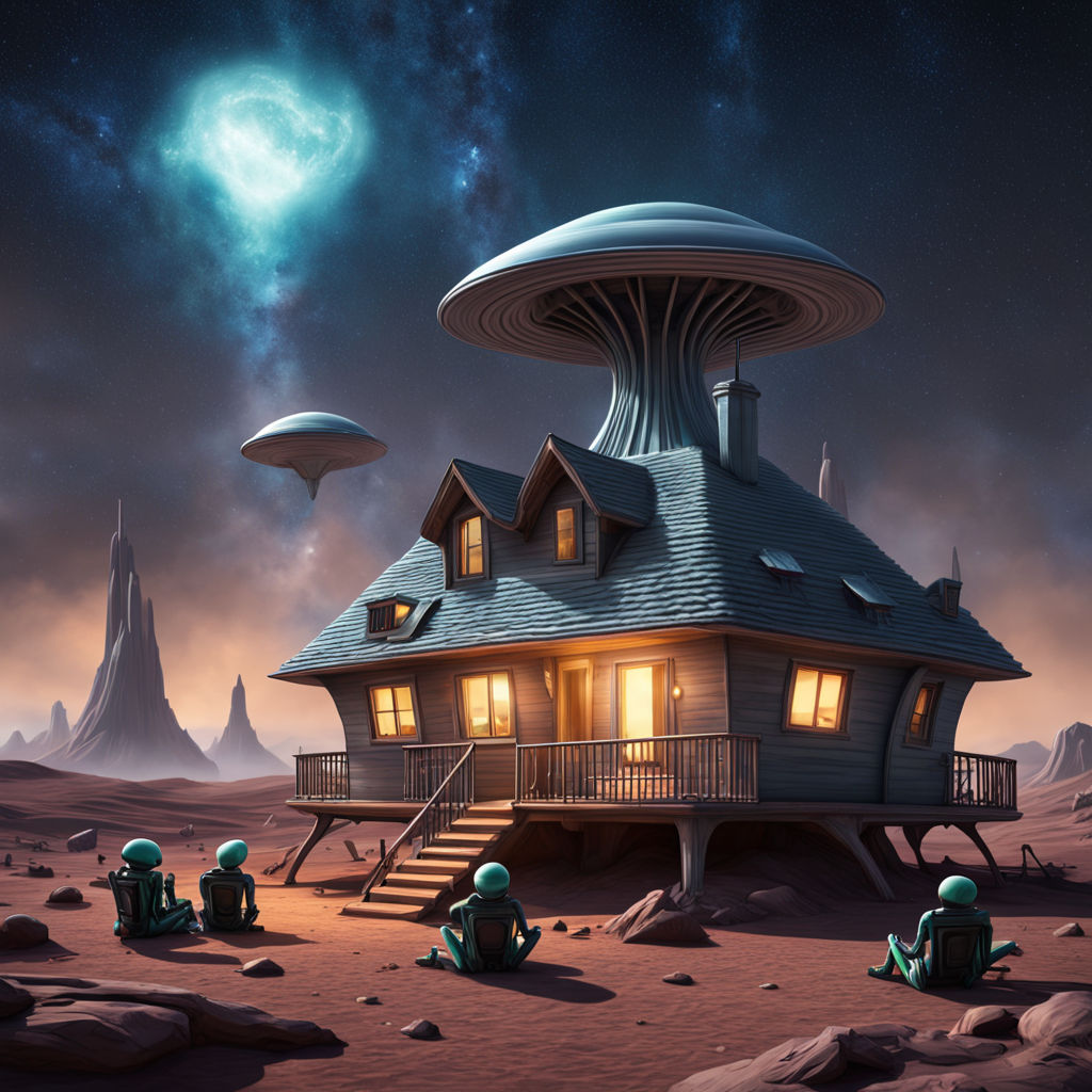 Alien Abode and Aliens sitting on the roofand enjoy watching... by AI ...