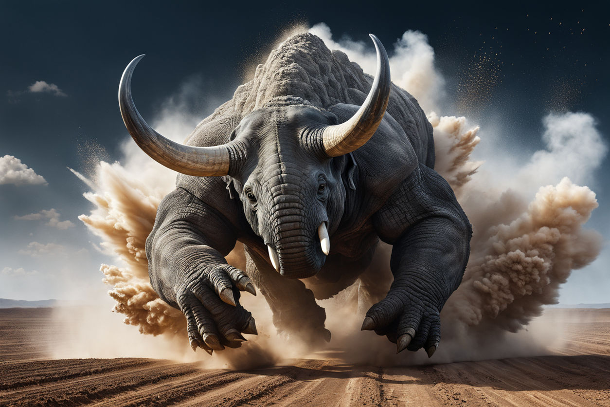 Hyperrealistic photo of a behemoth running away at full spee... by Сева ...
